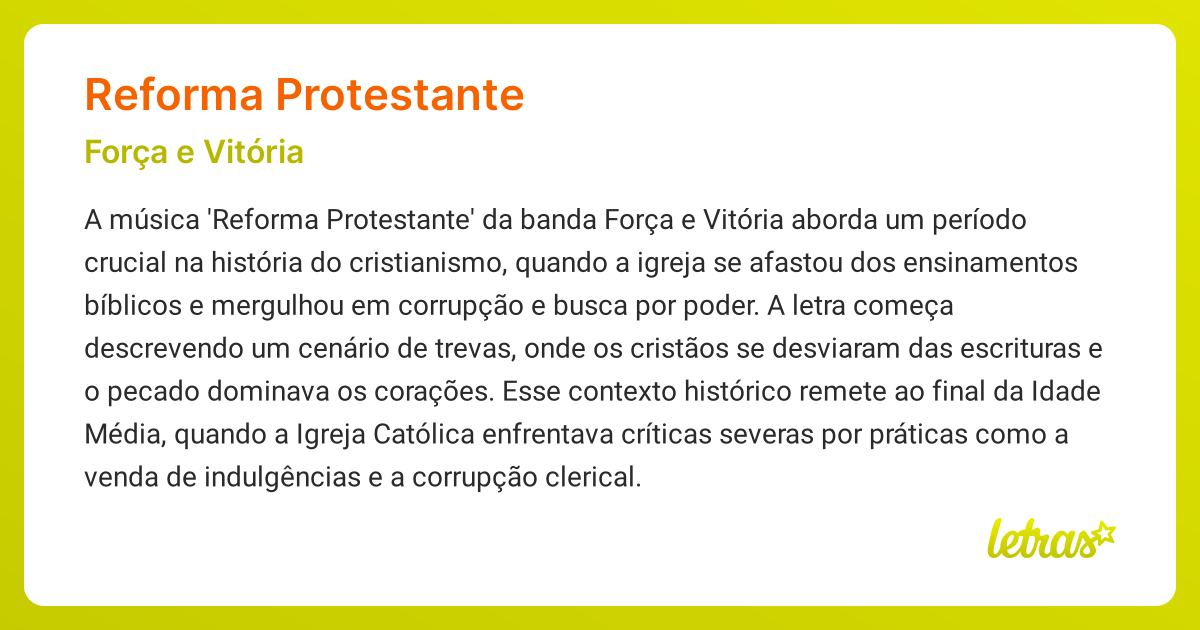 Significado da música REFORMA PROTESTANTE (Força e Vitória) - LETRAS.MUS.BR