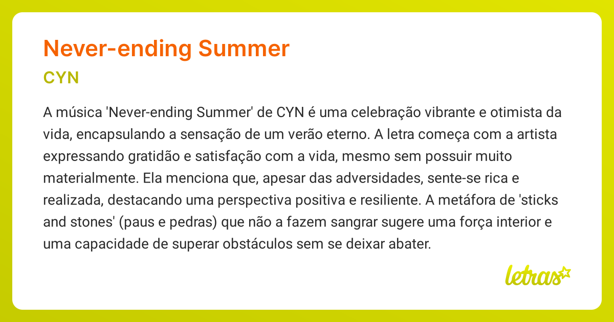 Significado da música NEVER-ENDING SUMMER (CYN) - LETRAS.MUS.BR