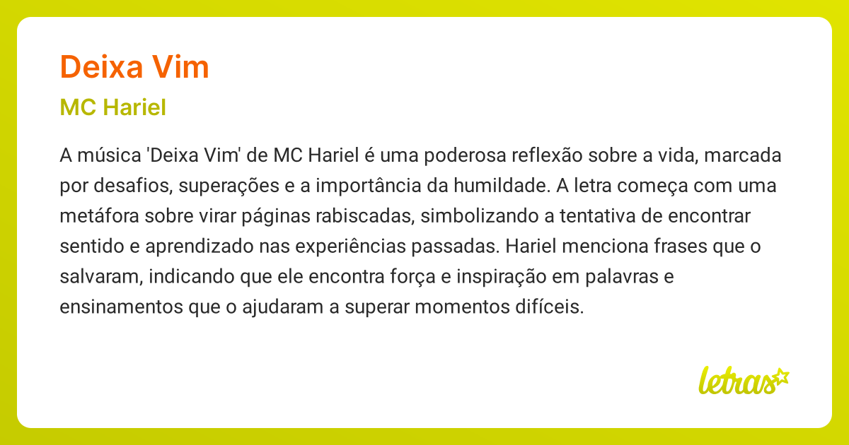 Significado da música DEIXA VIM (MC Hariel) - LETRAS.MUS.BR
