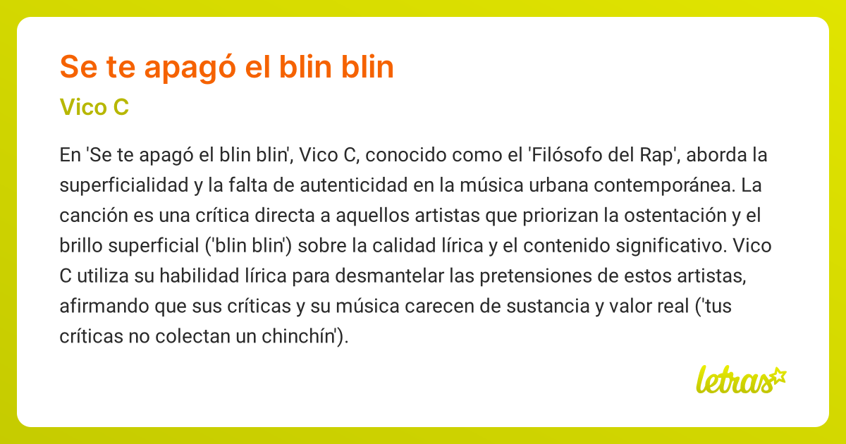 Significado de la canción SE TE APAGÓ EL BLIN BLIN (Vico C) - LETRAS.COM
