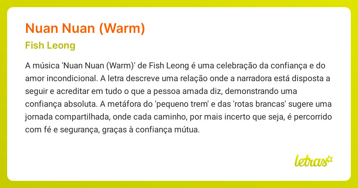 Significado da música NUAN NUAN (WARM) (Fish Leong) - LETRAS.MUS.BR