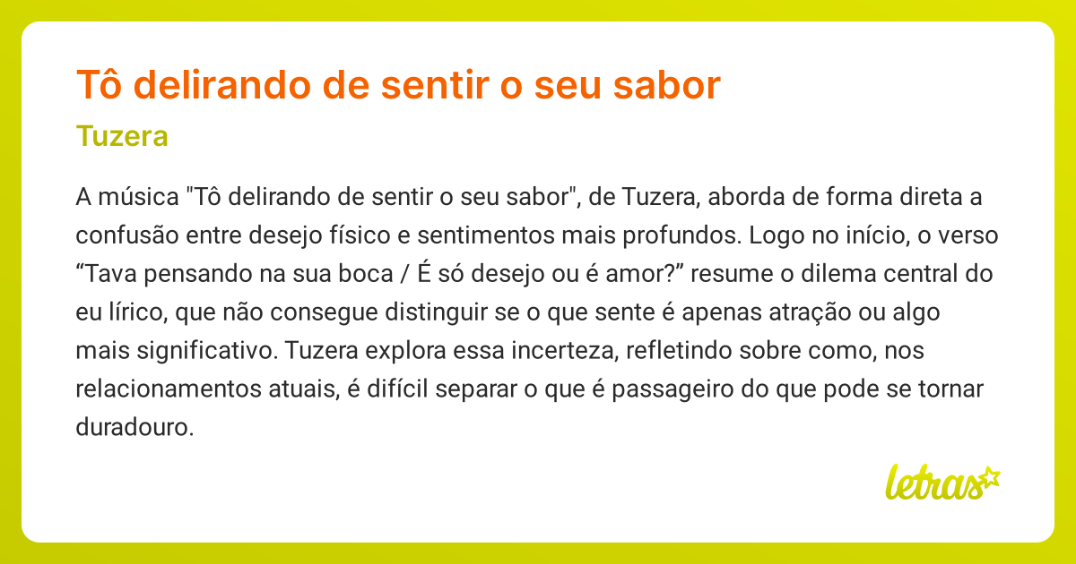Significado da música Tô delirando de sentir o seu sabor (Tuzera ...