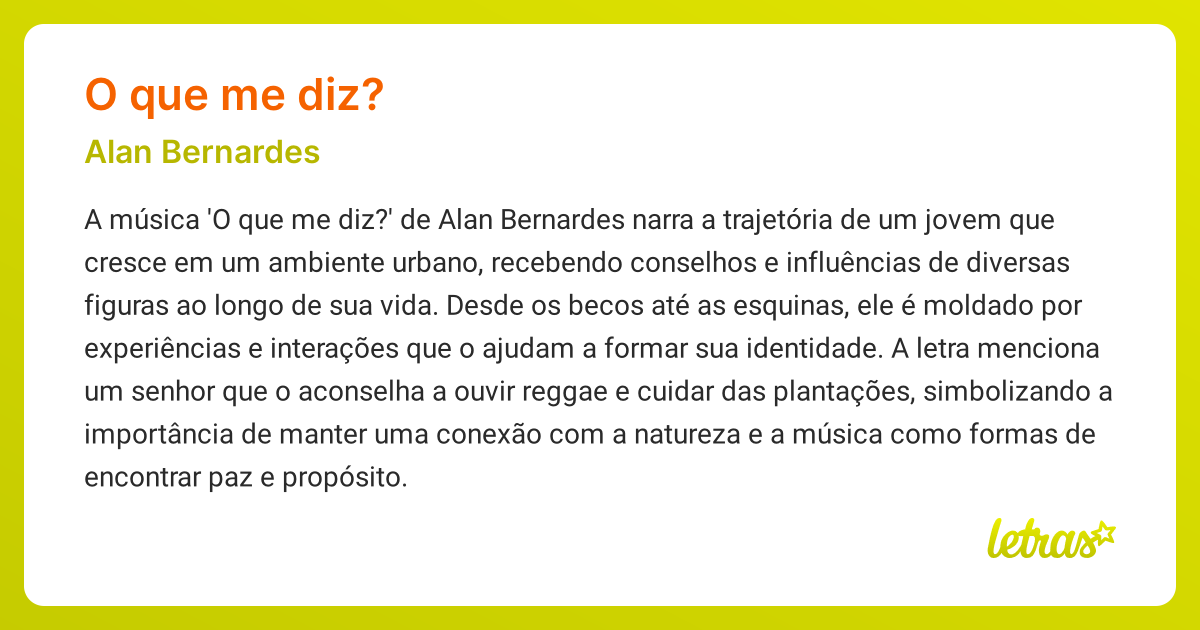 Significado da música O QUE ME DIZ? (Alan Bernardes) - LETRAS.MUS.BR