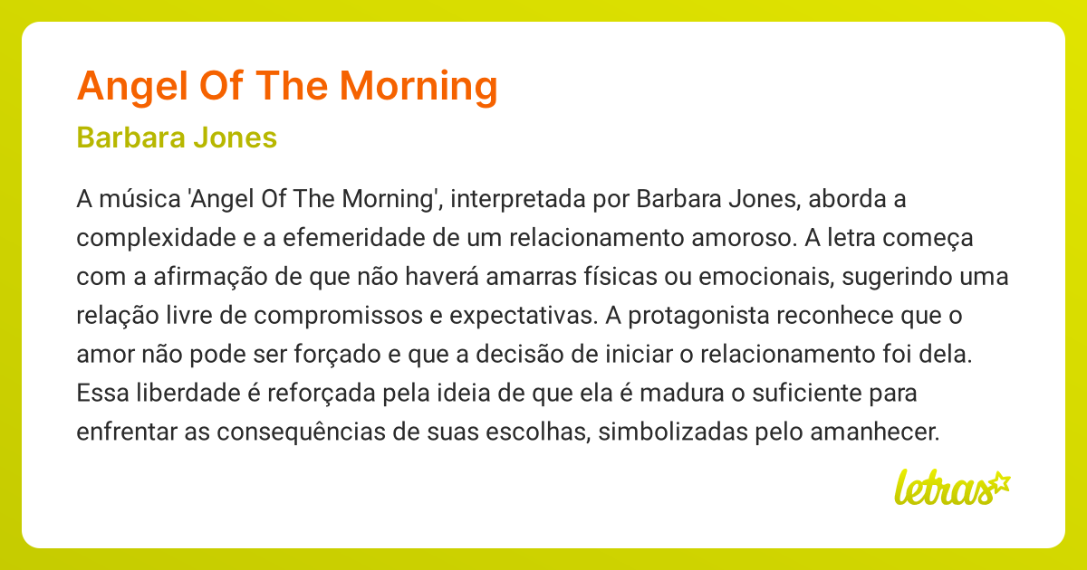 Significado da música ANGEL OF THE MORNING (Barbara Jones) - LETRAS.MUS.BR