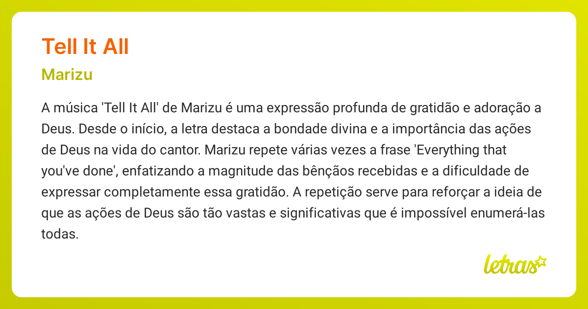 Significado da música TELL IT ALL (Marizu) - LETRAS.MUS.BR
