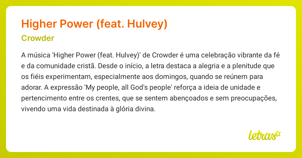 Significado da música HIGHER POWER (FEAT. HULVEY) (Crowder) - LETRAS.MUS.BR