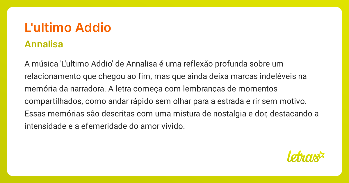 Significado da música L'ULTIMO ADDIO (Annalisa) - LETRAS.MUS.BR