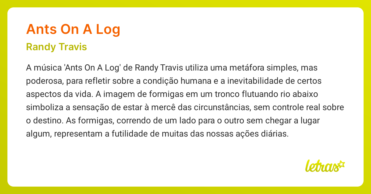 Significado da música ANTS ON A LOG (Randy Travis) - LETRAS.MUS.BR