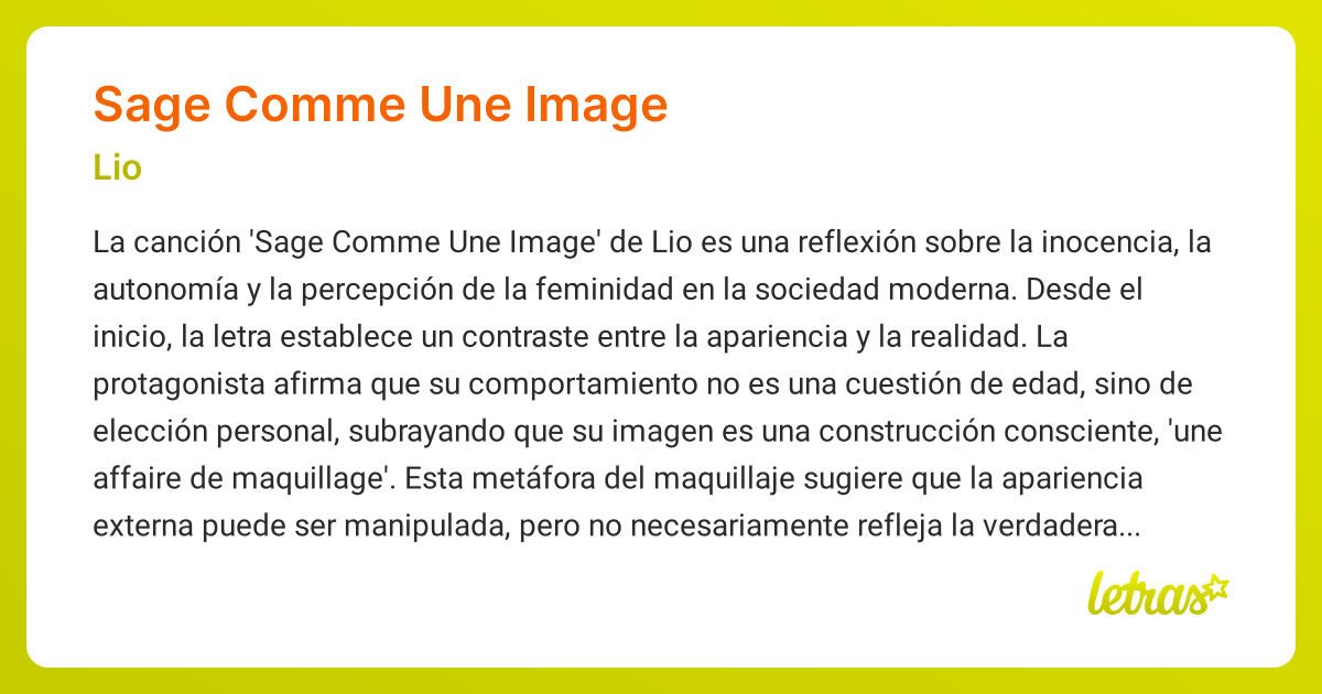 Significado de la canción SAGE COMME UNE IMAGE (Lio) - LETRAS.COM