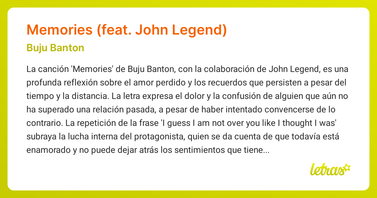 Significado de la canción MEMORIES (FEAT. JOHN LEGEND) (Buju Banton ...