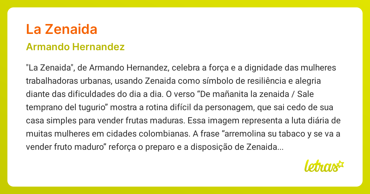Significado da música LA ZENAIDA (Armando Hernandez) - LETRAS.MUS.BR