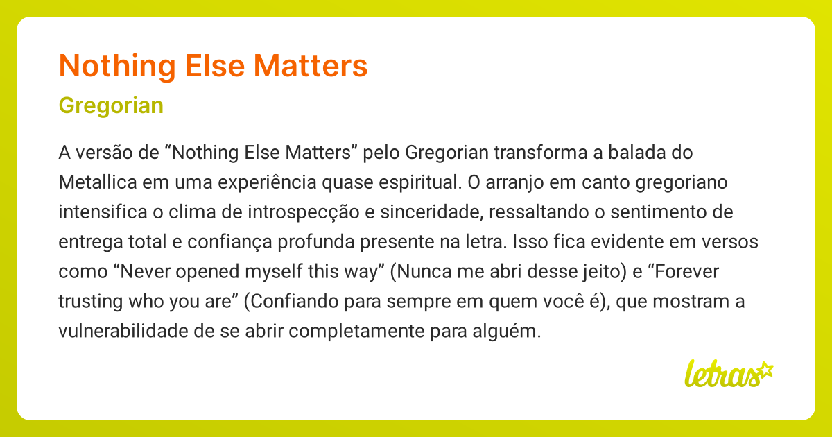 Significado da música NOTHING ELSE MATTERS (Gregorian) - LETRAS.MUS.BR