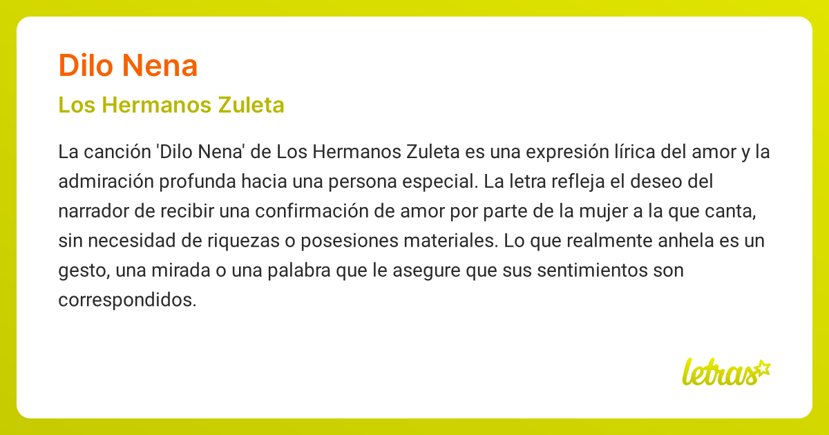 Significado de la canción DILO NENA (Los Hermanos Zuleta) - LETRAS.COM