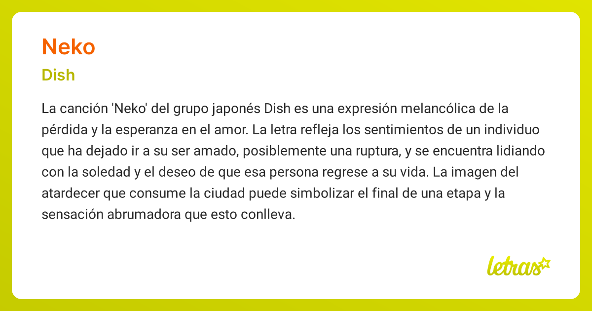 Significado de la canción NEKO (Dish) - LETRAS.COM