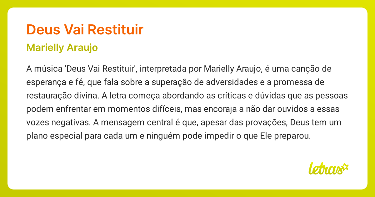 Significado da música DEUS VAI RESTITUIR (Marielly Araujo) - LETRAS.MUS.BR