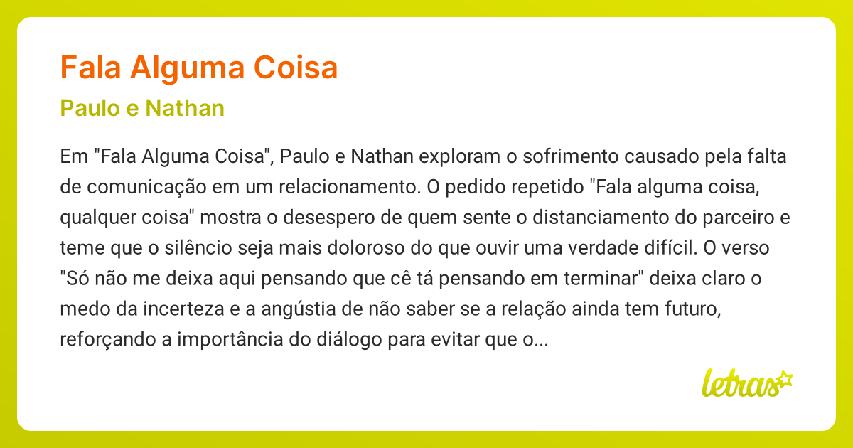 Significado da música FALA ALGUMA COISA (Paulo e Nathan) - LETRAS.MUS.BR