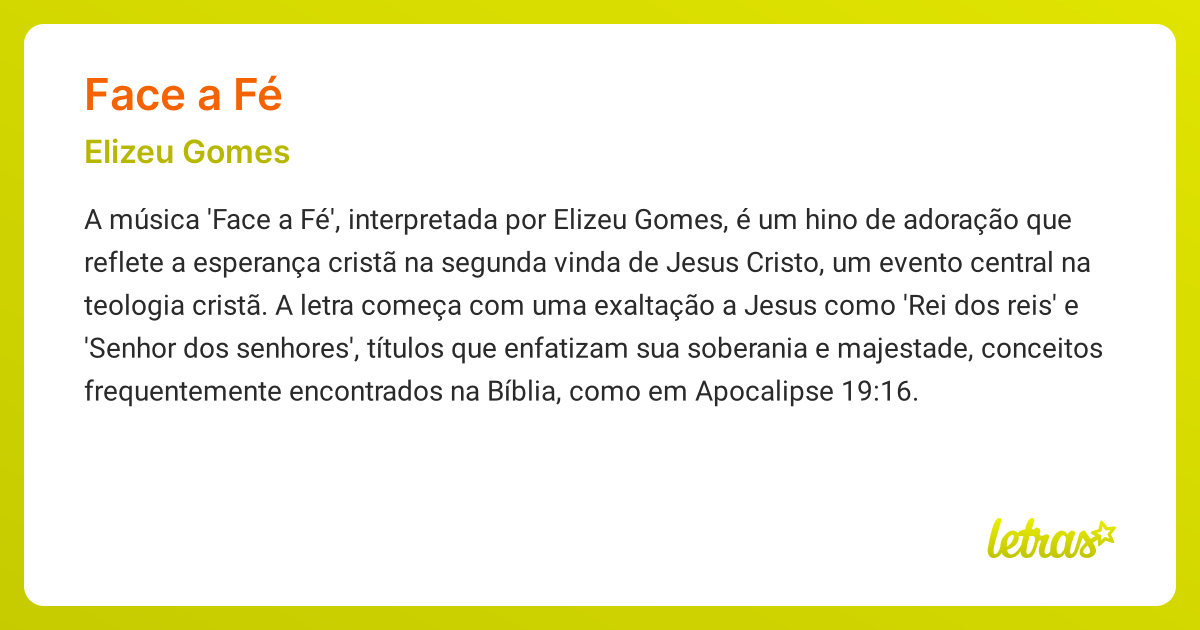 Significado da música FACE A FÉ (Elizeu Gomes) - LETRAS.MUS.BR