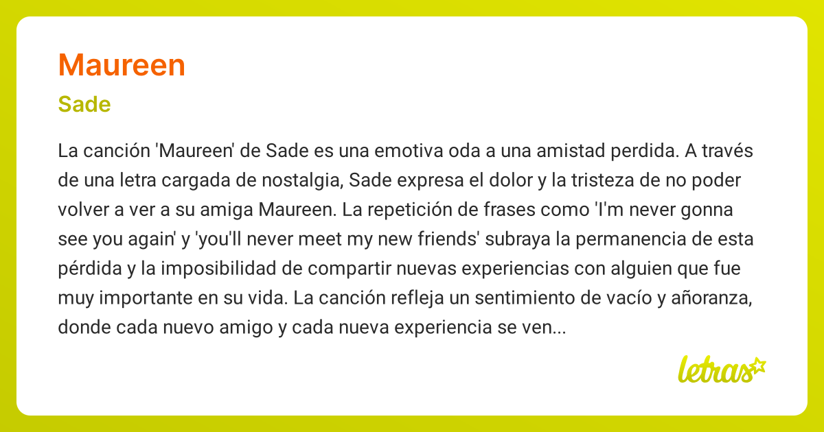 Significado de la canción MAUREEN (Sade) - LETRAS.COM