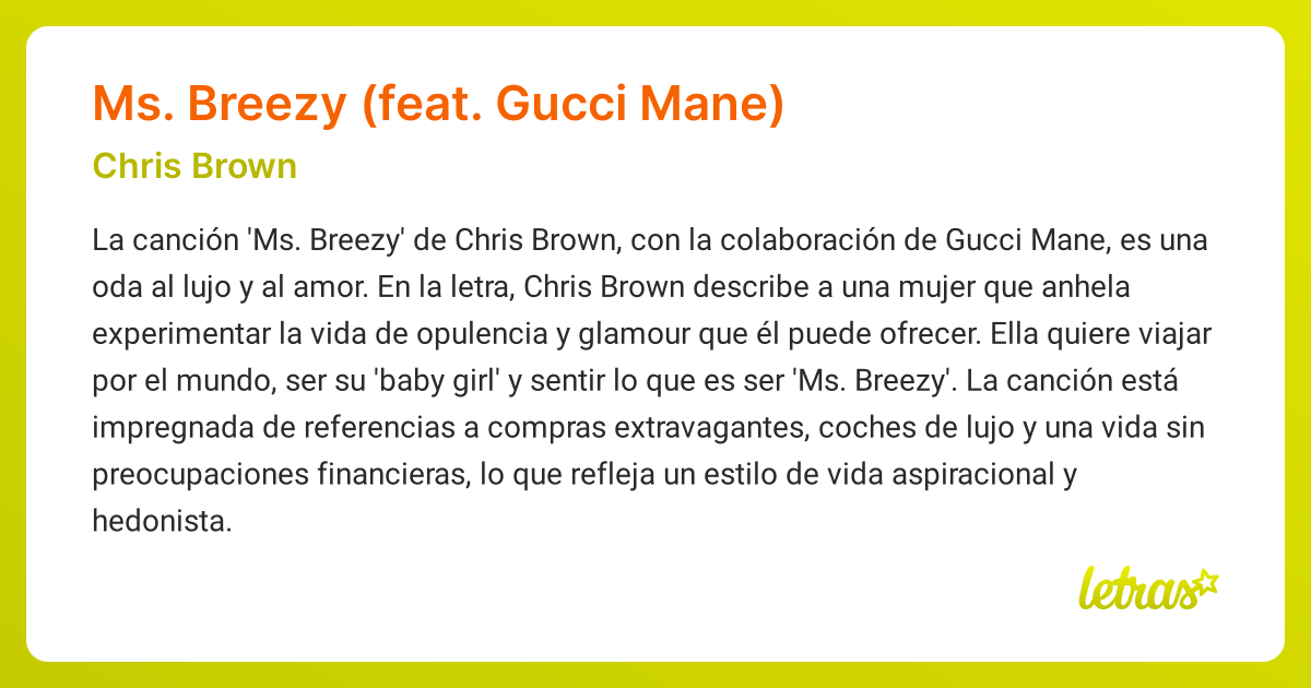 Significado de la canción MS. BREEZY (FEAT. GUCCI MANE) (Chris Brown ...