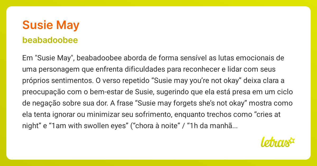 Significado da música SUSIE MAY (beabadoobee) - LETRAS.MUS.BR