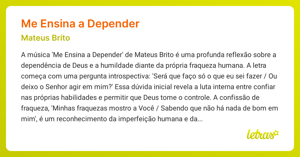 Significado da música ME ENSINA A DEPENDER (Mateus Brito) - LETRAS.MUS.BR