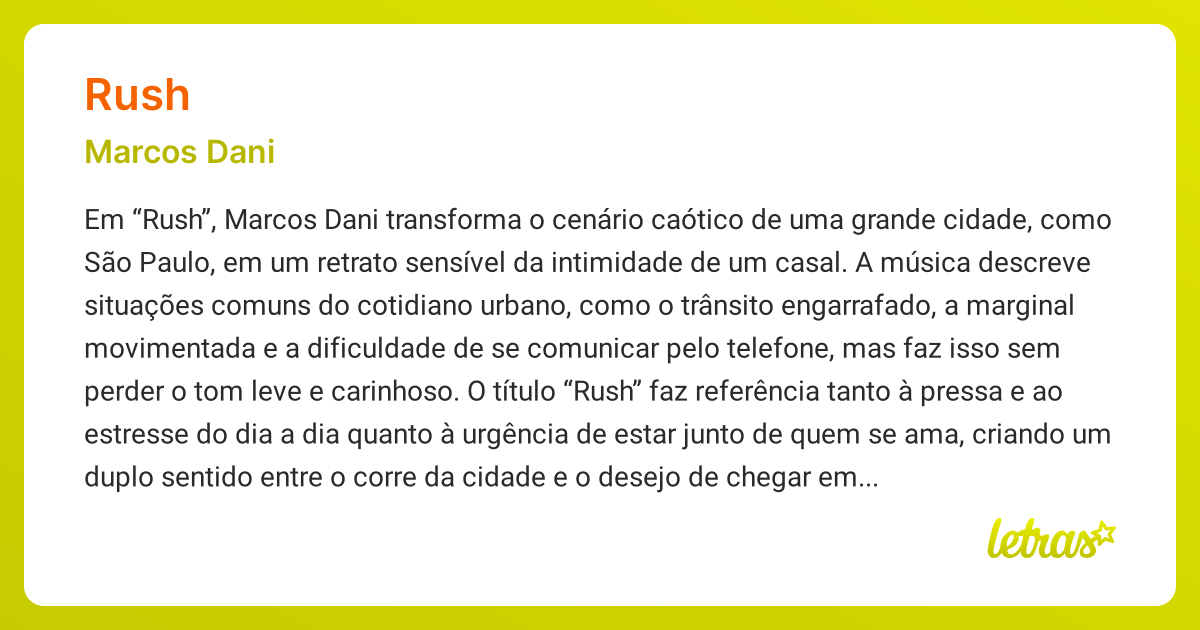 Significado da música RUSH (Marcos Dani) - LETRAS.MUS.BR