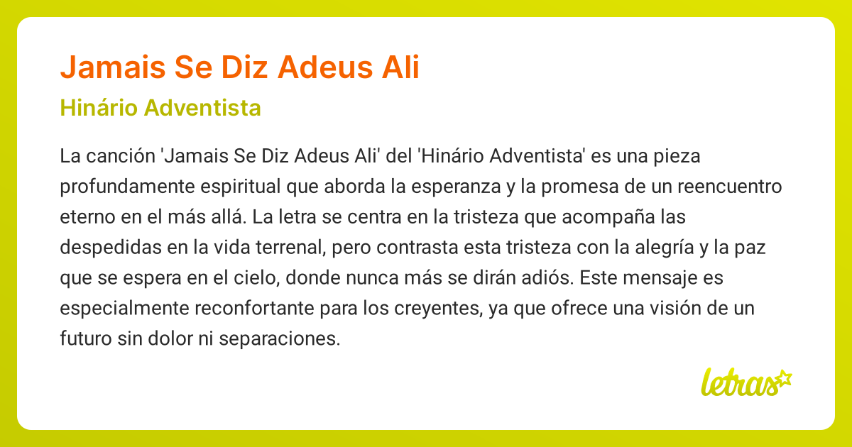 Significado de la canción JAMAIS SE DIZ ADEUS ALI (Hinário Adventista ...