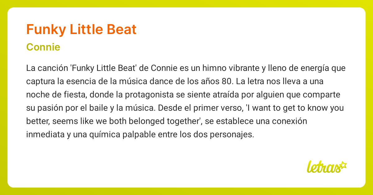 Significado de la canción FUNKY LITTLE BEAT (Connie) - LETRAS.COM