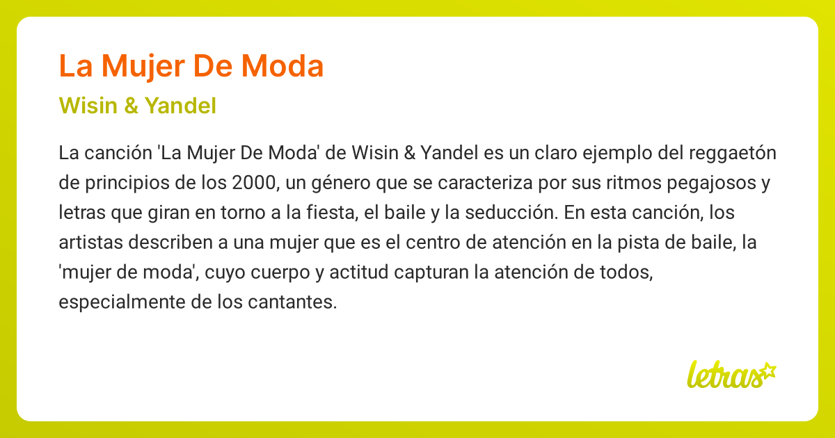 Significado de la canción LA MUJER DE MODA (Wisin & Yandel) - LETRAS.COM