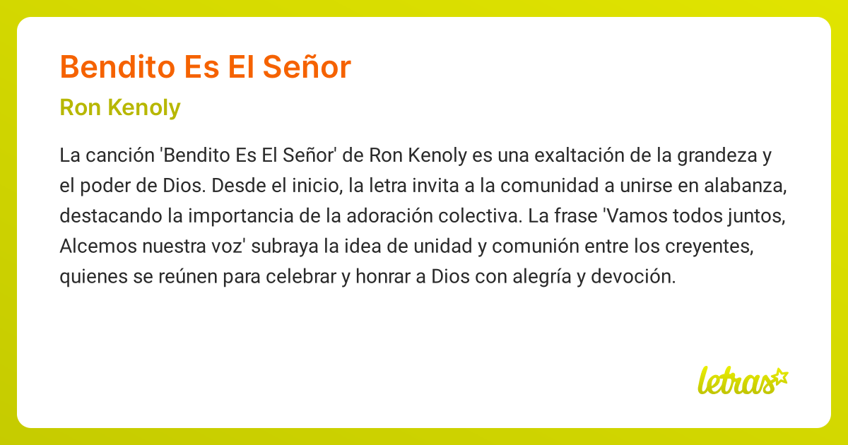 Significado de la canción BENDITO ES EL SEÑOR (Ron Kenoly) - LETRAS.COM