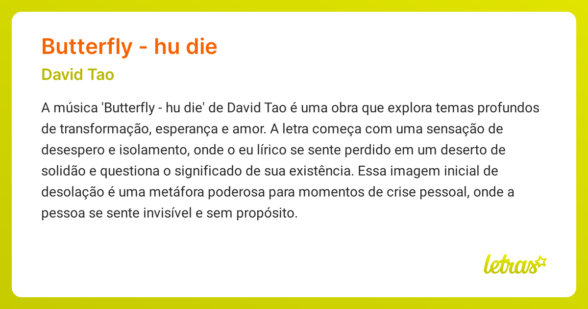 Significado da música BUTTERFLY - HU DIE (David Tao) - LETRAS.MUS.BR