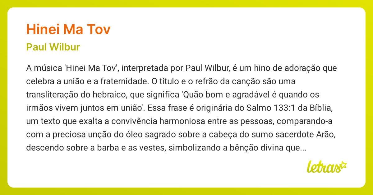 Significado da música HINEI MA TOV (Paul Wilbur) - LETRAS.MUS.BR