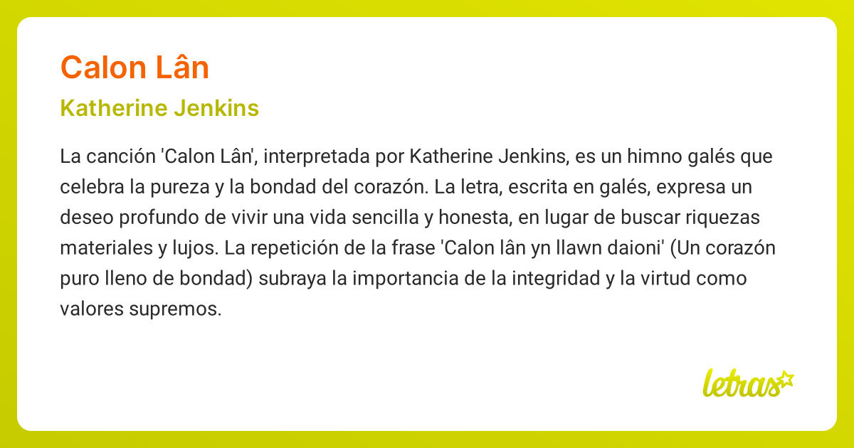 Significado de la canción CALON LÂN (Katherine Jenkins) - LETRAS.COM
