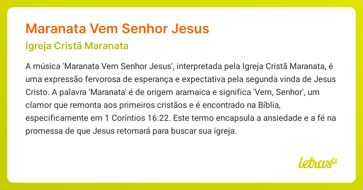 Significado da música MARANATA VEM SENHOR JESUS (Igreja Cristã Maranata ...