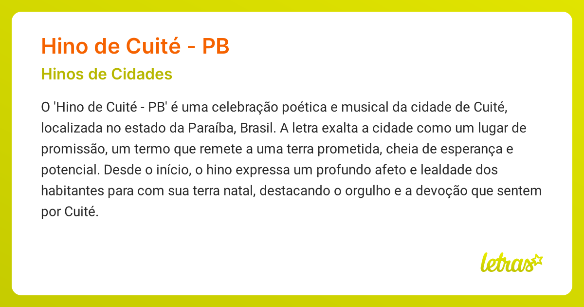 Significado da música HINO DE CUITÉ - PB (Hinos de Cidades) - LETRAS.MUS.BR