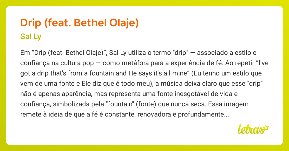 Significado da música DRIP (FEAT. BETHEL OLAJE) (Sal Ly) - LETRAS.MUS.BR