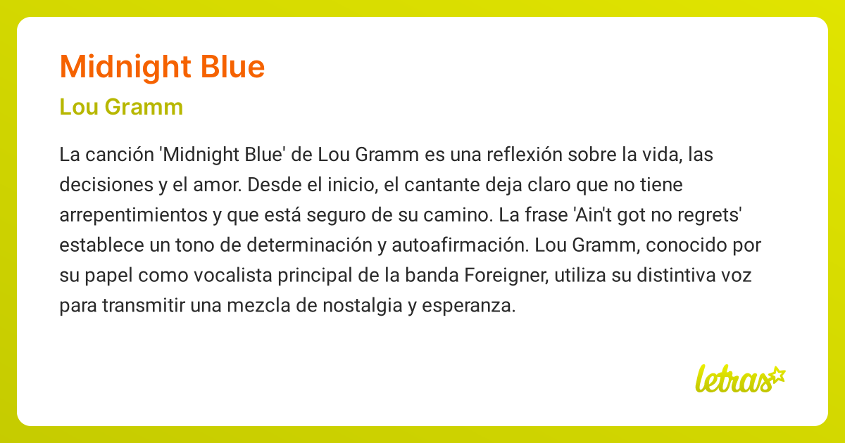 Significado de la canción MIDNIGHT BLUE (Lou Gramm) - LETRAS.COM