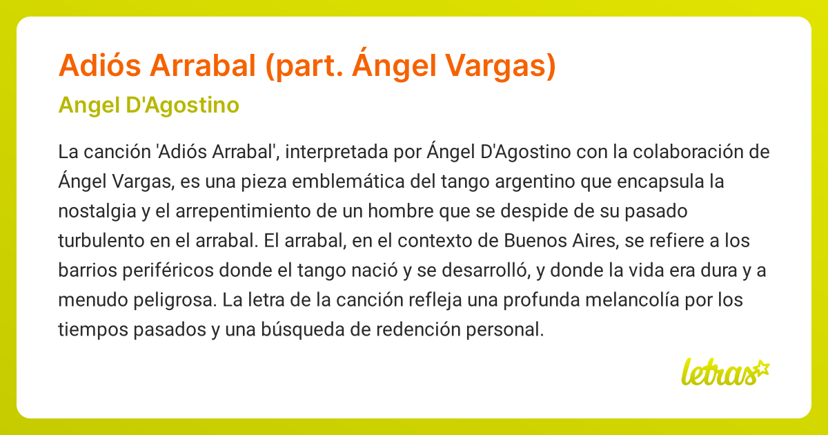 Significado de la canción Adiós Arrabal (part. Ángel Vargas) (Angel D ...
