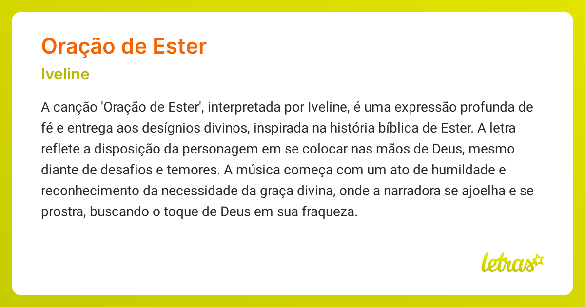 Significado da música ORAÇÃO DE ESTER (Iveline) - LETRAS.MUS.BR