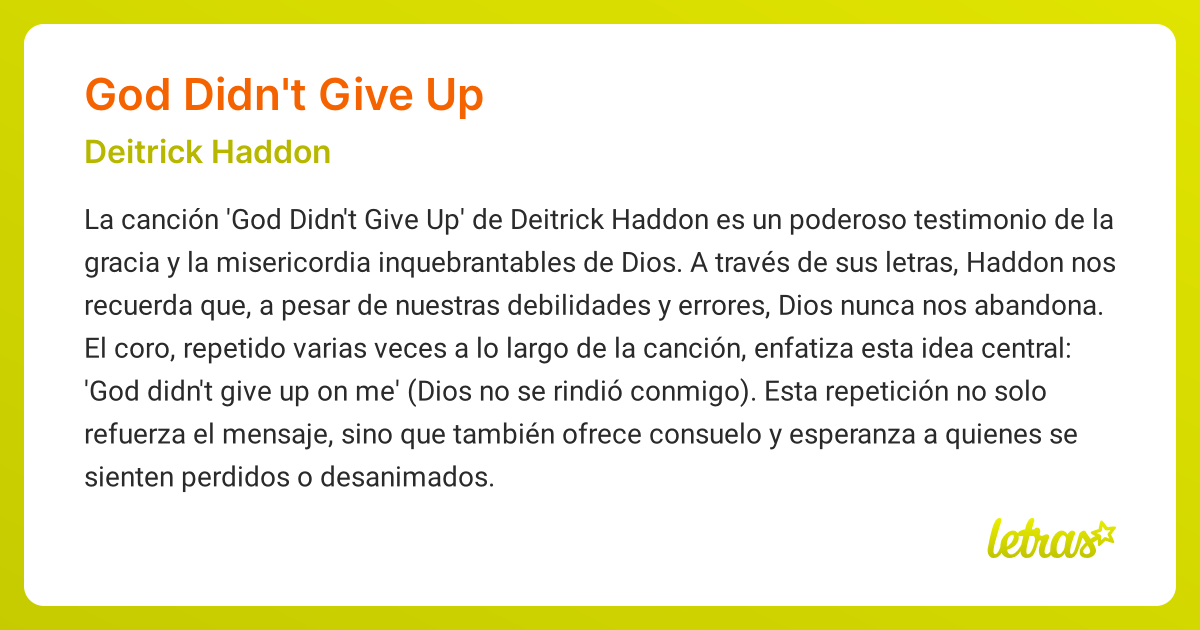 Significado de la canción GOD DIDN'T GIVE UP (Deitrick Haddon) - LETRAS.COM