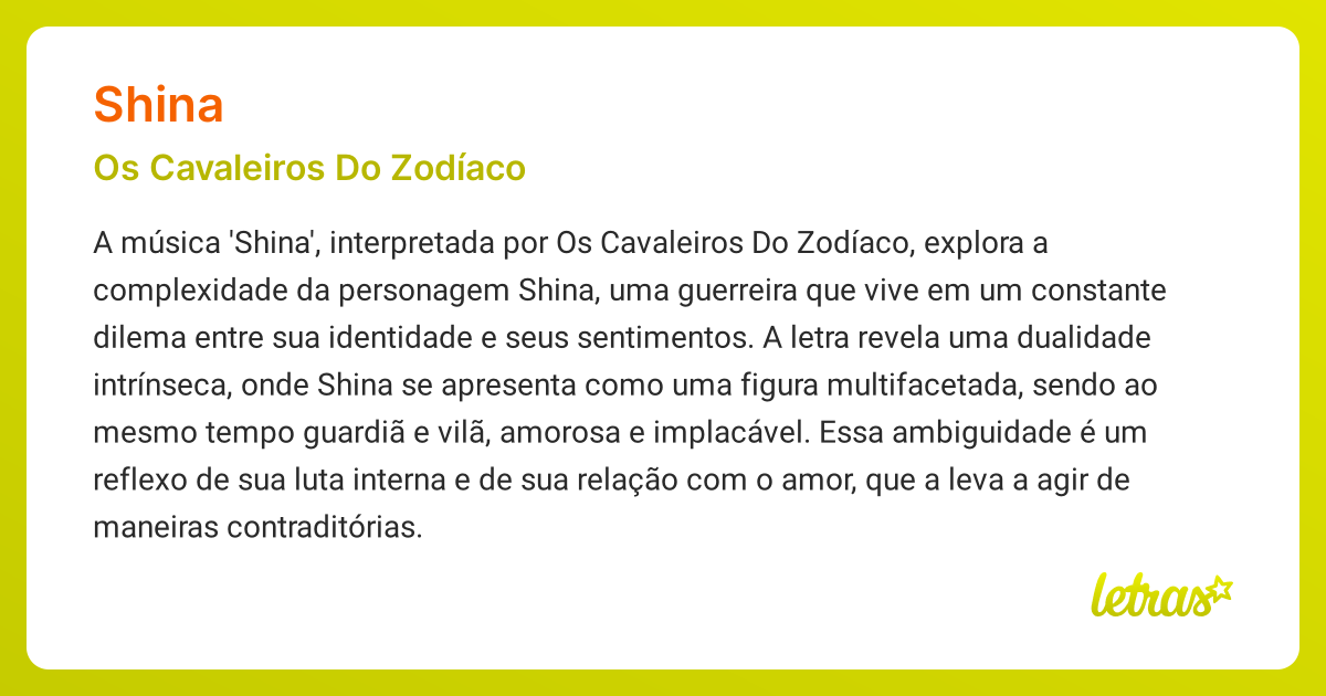 Significado da música SHINA (Os Cavaleiros Do Zodíaco) - LETRAS.MUS.BR