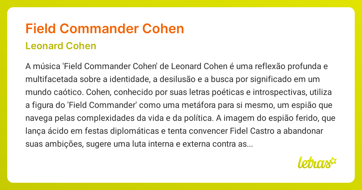 Significado da música FIELD COMMANDER COHEN (Leonard Cohen) - LETRAS.MUS.BR