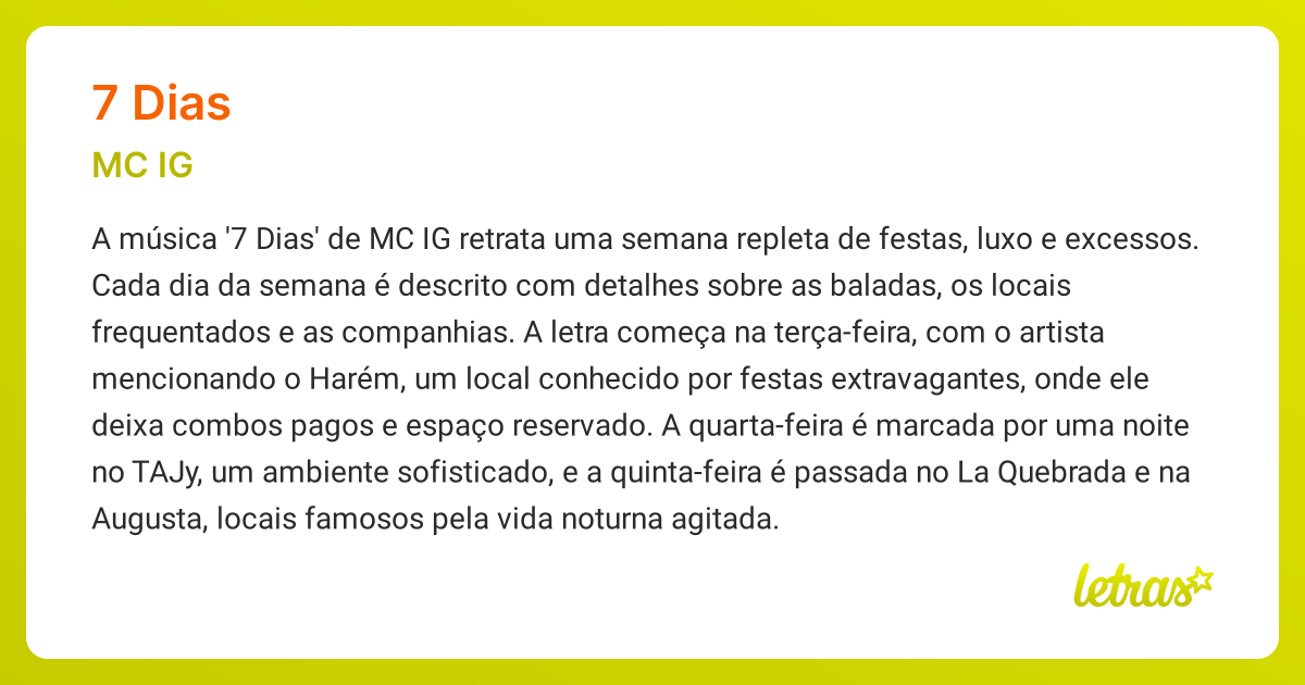Significado da música 7 DIAS (MC IG) - LETRAS.MUS.BR