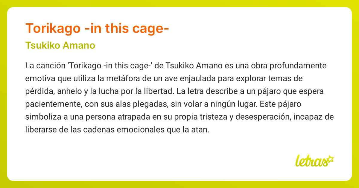 Significado de la canción TORIKAGO -IN THIS CAGE- (Tsukiko Amano ...