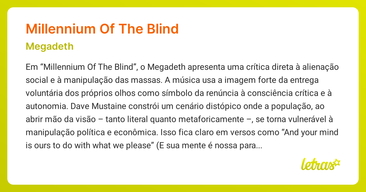 Significado da música MILLENNIUM OF THE BLIND (Megadeth) - LETRAS.MUS.BR