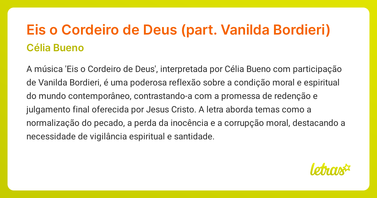 Significado da música Eis o Cordeiro de Deus (part. Vanilda Bordieri ...
