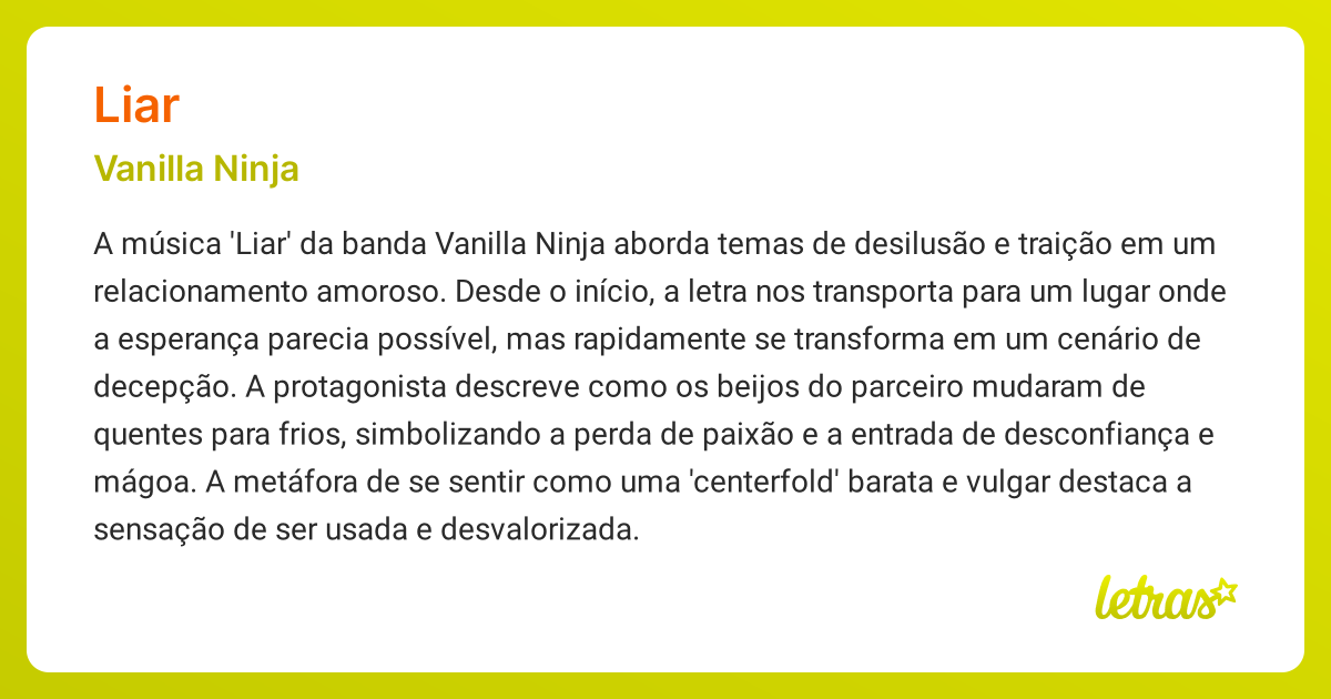 Significado da música LIAR (Vanilla Ninja) - LETRAS.MUS.BR