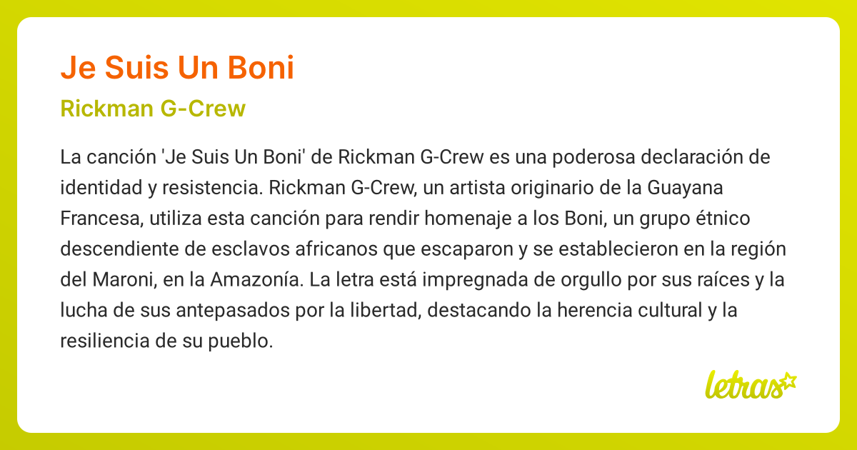 Significado de la canción JE SUIS UN BONI (Rickman G-Crew) - LETRAS.COM