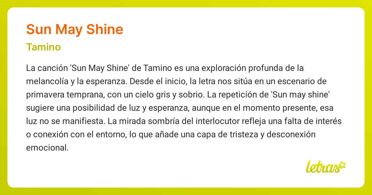 Significado de la canción SUN MAY SHINE (Tamino) - LETRAS.COM