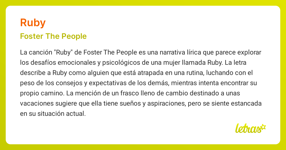 Significado de la canción RUBY (Foster The People) - LETRAS.COM